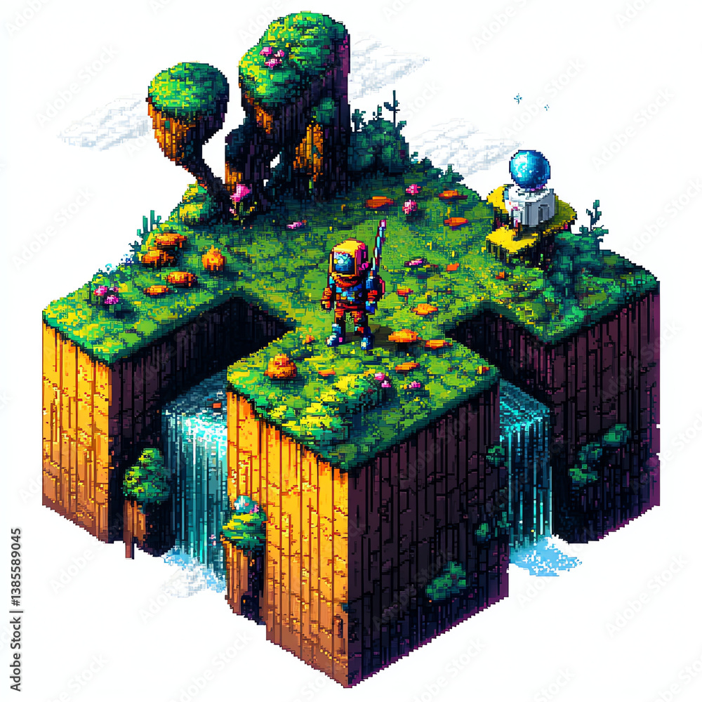 Isometric Pixel Art Astronaut Exploring Green Floating Island with ...
