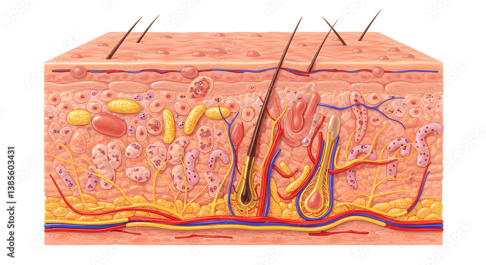 Detailed Cross-Section Illustration of Human Skin Anatomy Showing Hair ...