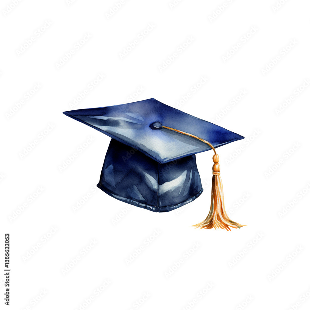 Watercolor Graduation Cap Clipart – Hand-Painted Blue Academic Hat with ...