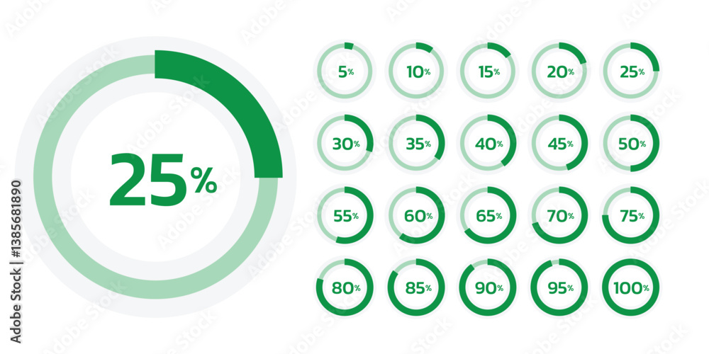 Donut chart set shows for various percent numbers 5 - 100% for ...