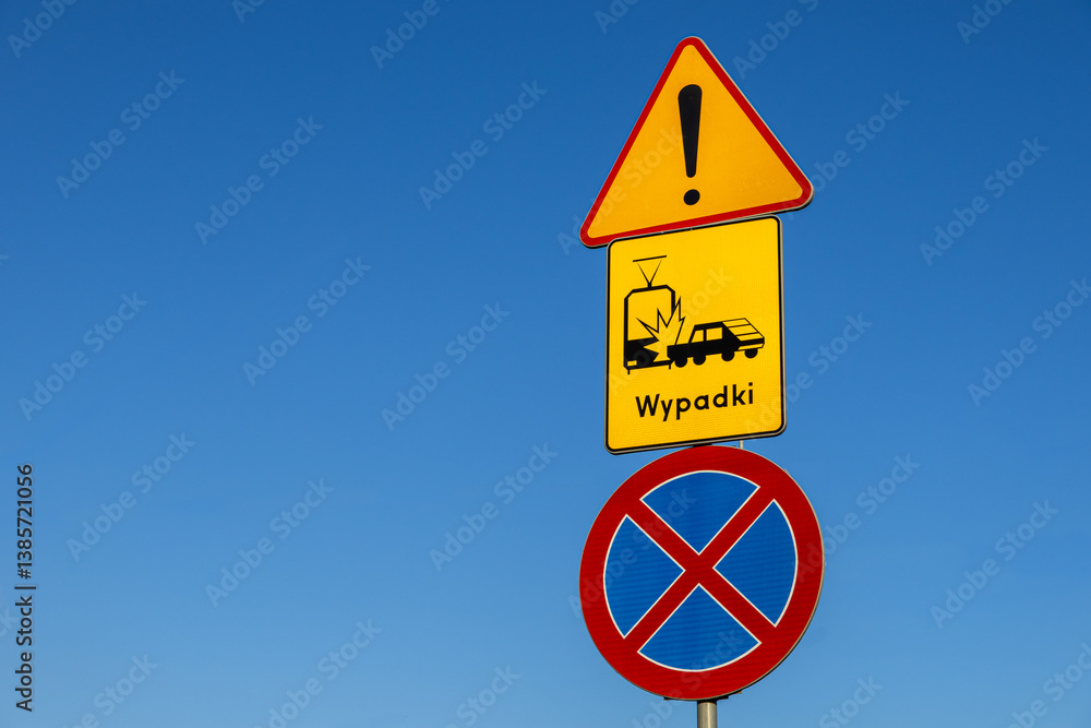 Warning road signs with exclamation mark, tram and car crash symbol ...