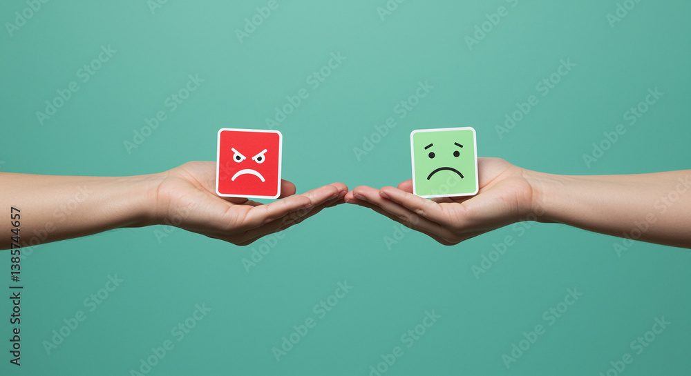 Hands holding emotion cards with angry and sad faces representing ...