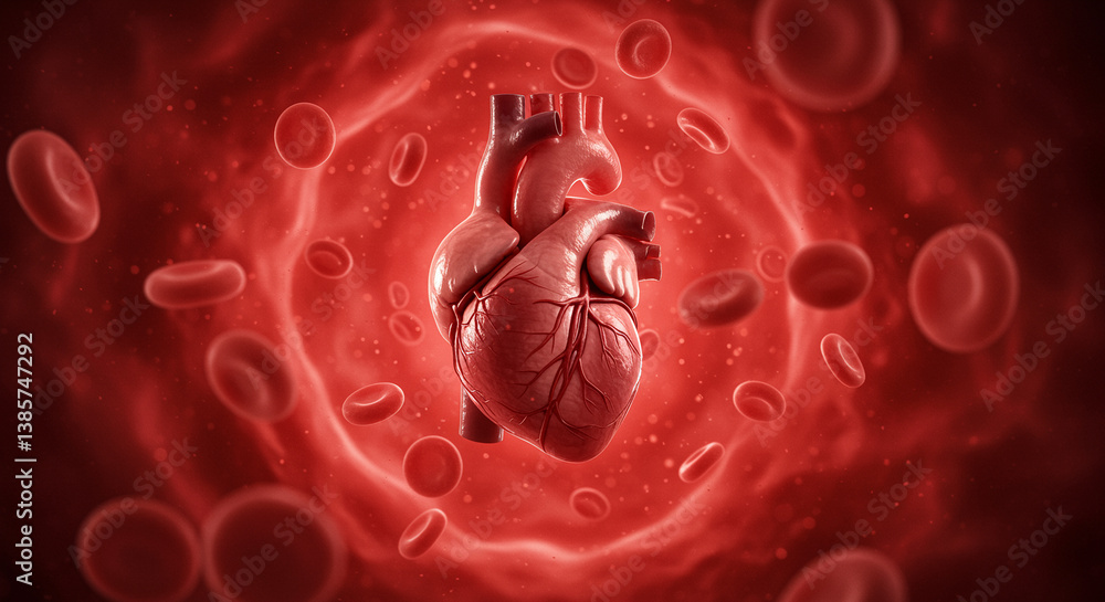 Human heart in blood vessel with red blood cells floating around ...
