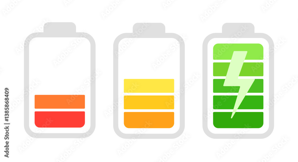 Battery Charging in Steps Low Red to Green Full High Energy Icons ...