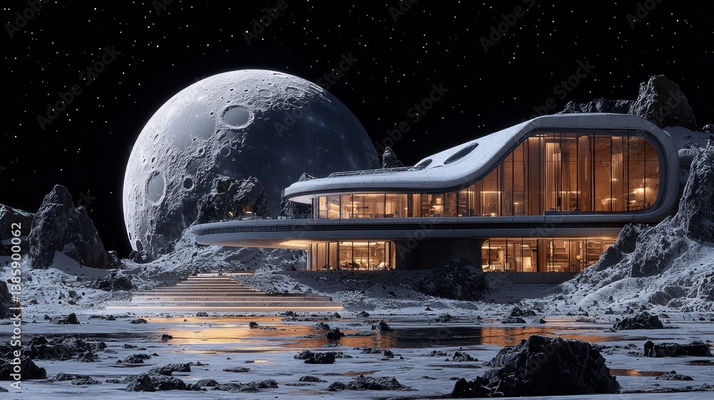 Futuristic lunar house with moon backdrop. Stock Illustration | Adobe Stock