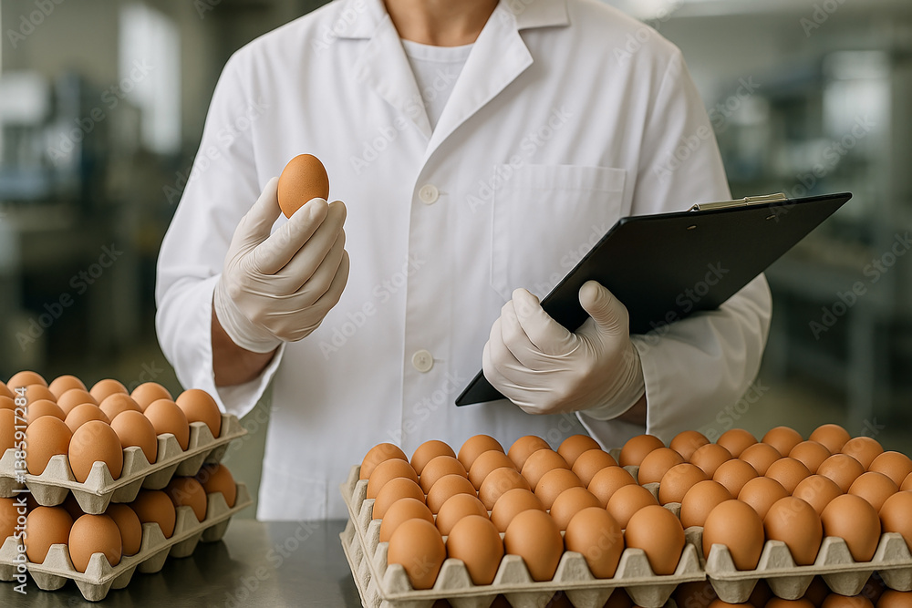 Food safety inspector holding egg and clipboard during quality control ...