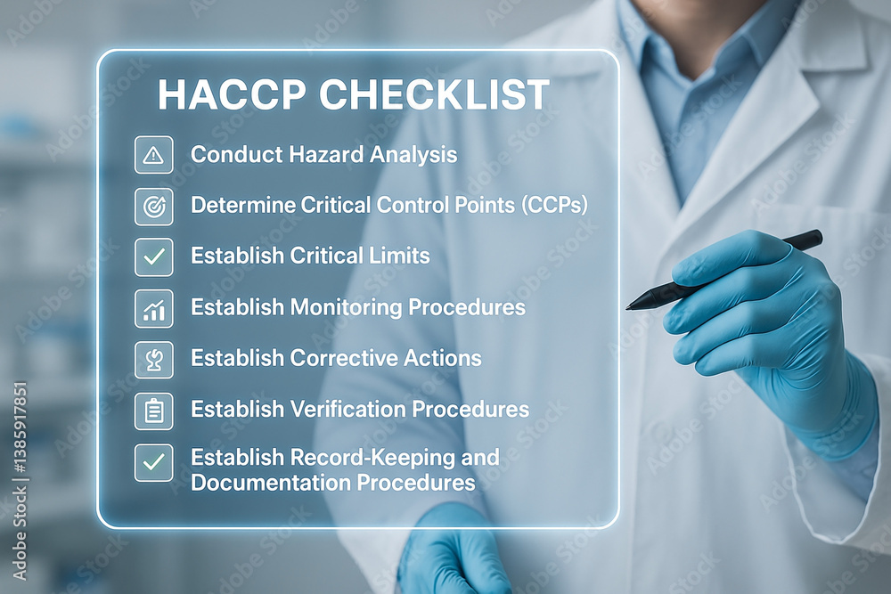HACCP checklist display on screen held by food safety inspector with ...