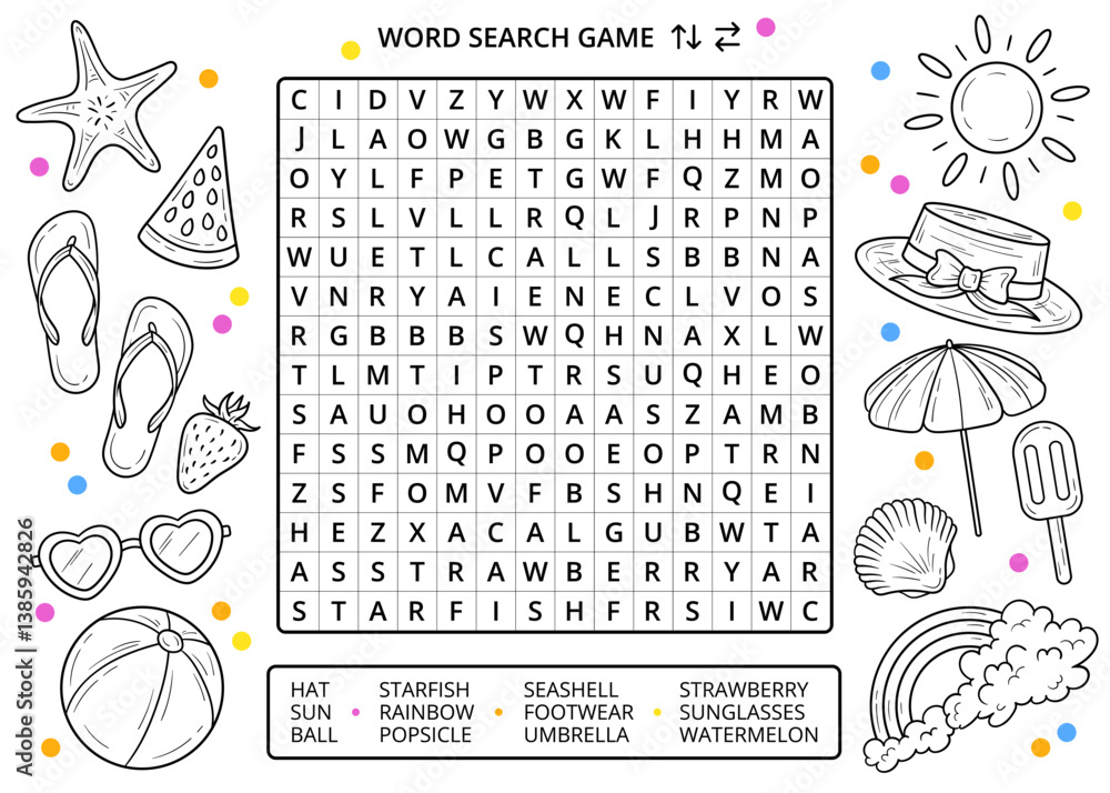 Summer word search puzzle game with line drawings worksheet. Summer fun ...