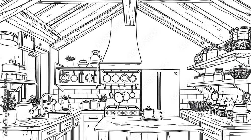 Intricate black-and-white line art of a compact modern urban kitchen ...