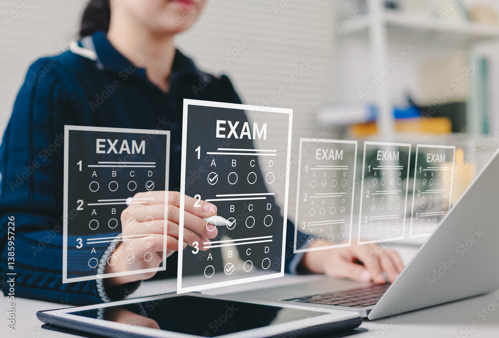 Online exam and digital assessment concept. Woman taking digital ...