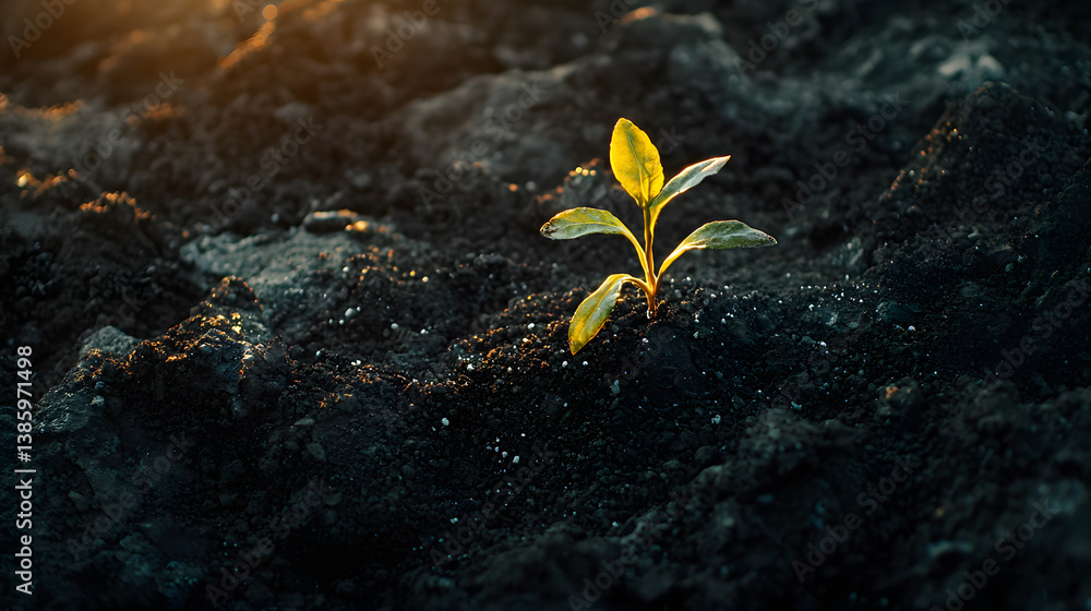 Sprout of Hope: A young, vibrant plant emerges from the dark earth ...