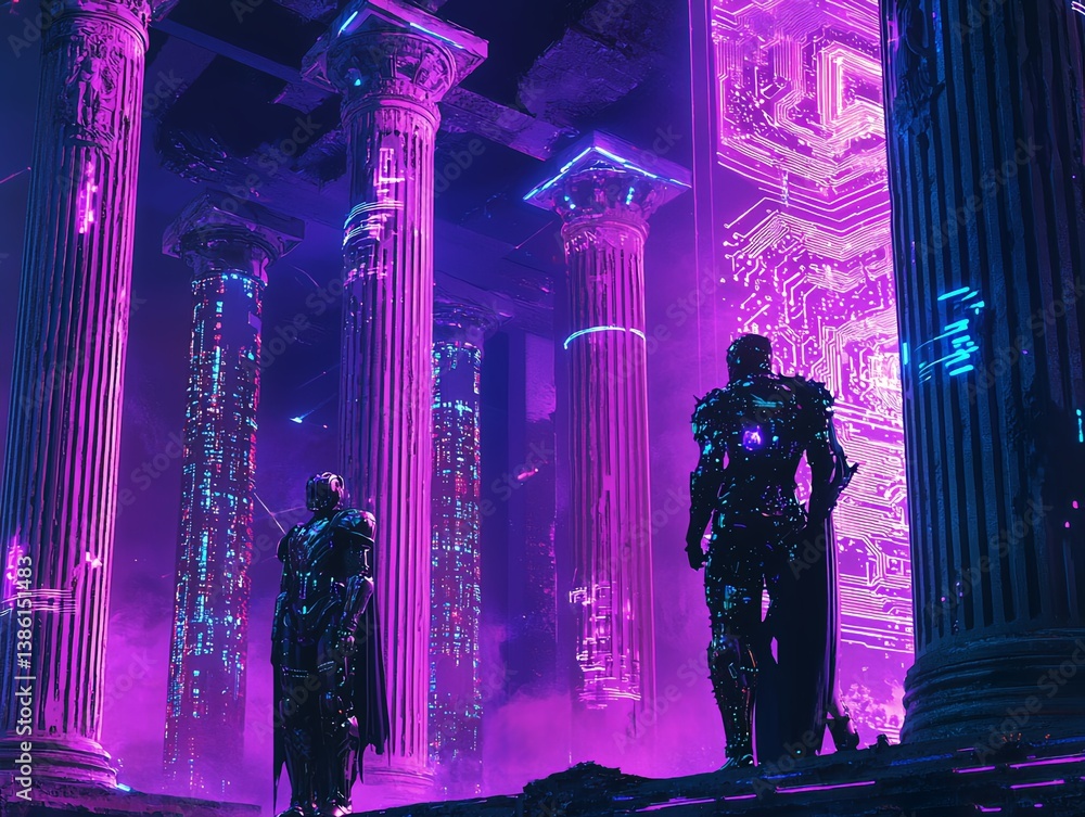 Neon Retrofuturistic Temple: Two figures in futuristic armor stand ...