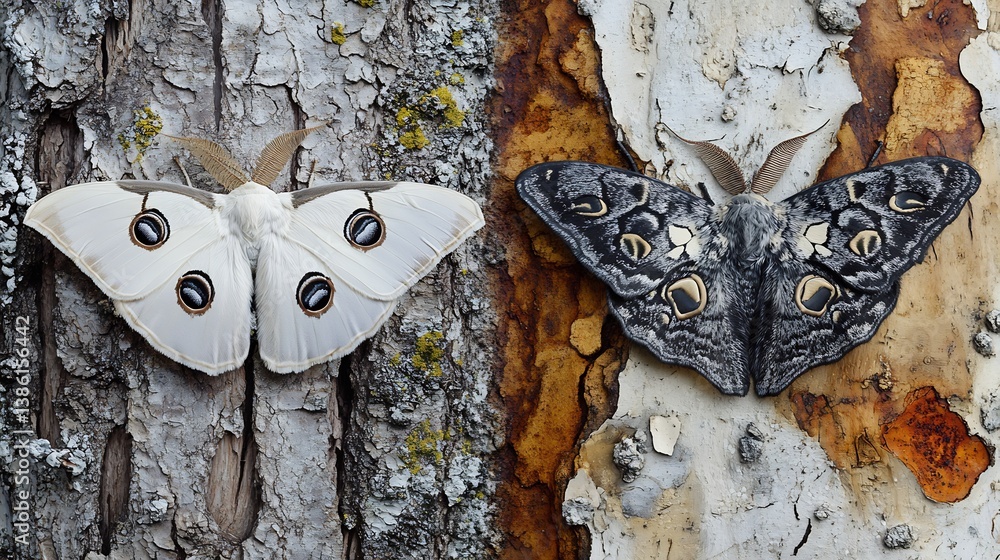 Striking comparison between light dark colored moth resting separate ...