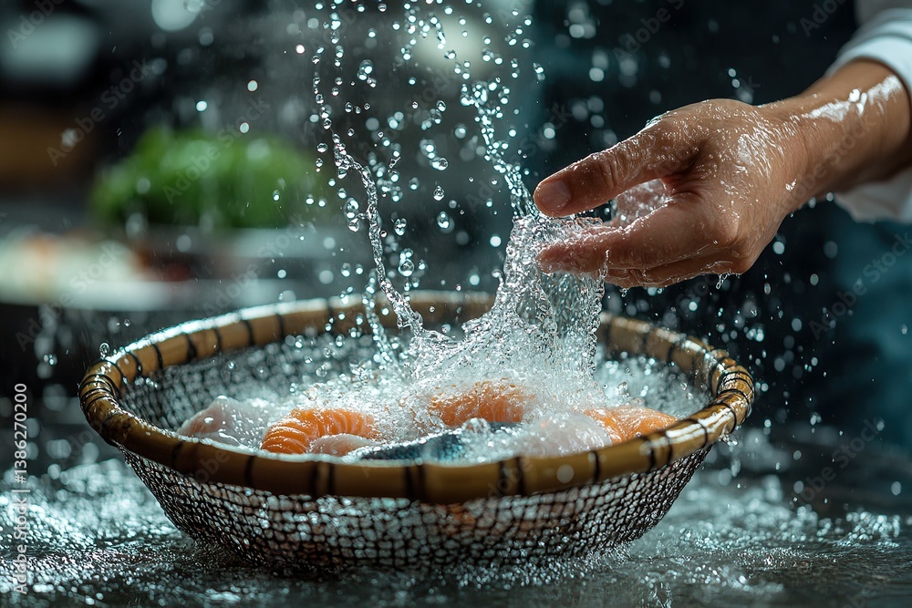 Fish being rinsed in a woven basket with hand and water droplets for ...