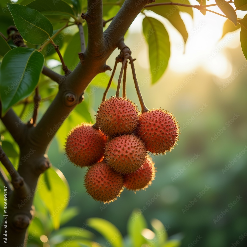 Foto de Stock bunch red fruit hanging tree branch fruit appears durian ...
