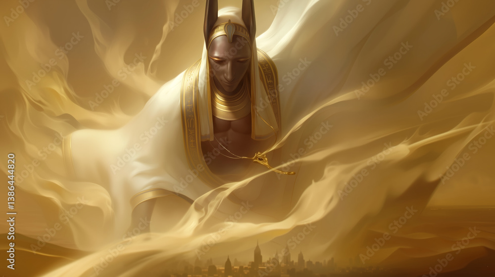Seth, ancient Egyptian god of chaos, casting a sand storm on tiny city ...