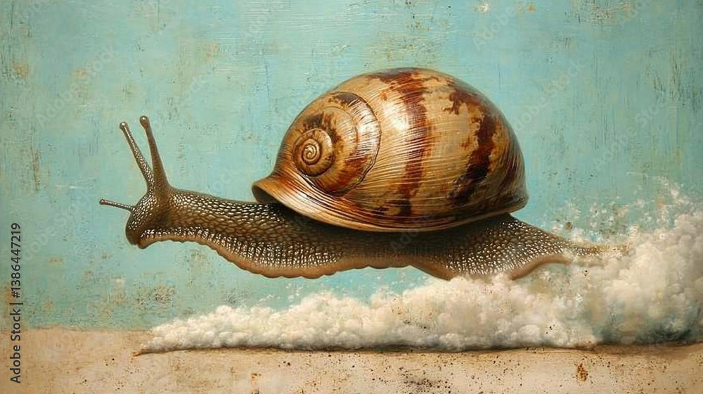 Fast Snail Racing on Sand Against Blue Background. Conceptual image for ...