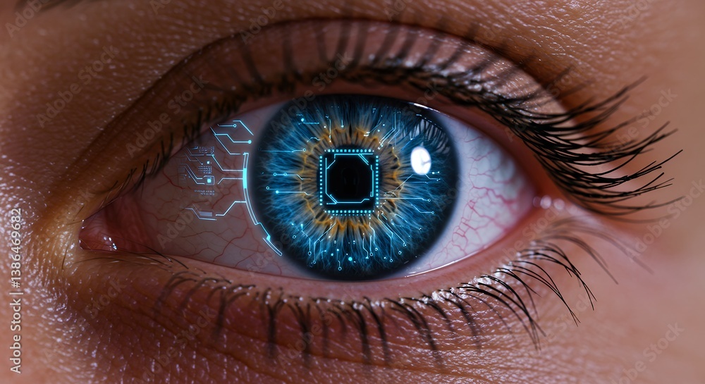 Human eye with integrated technology implant for advanced vision and ...