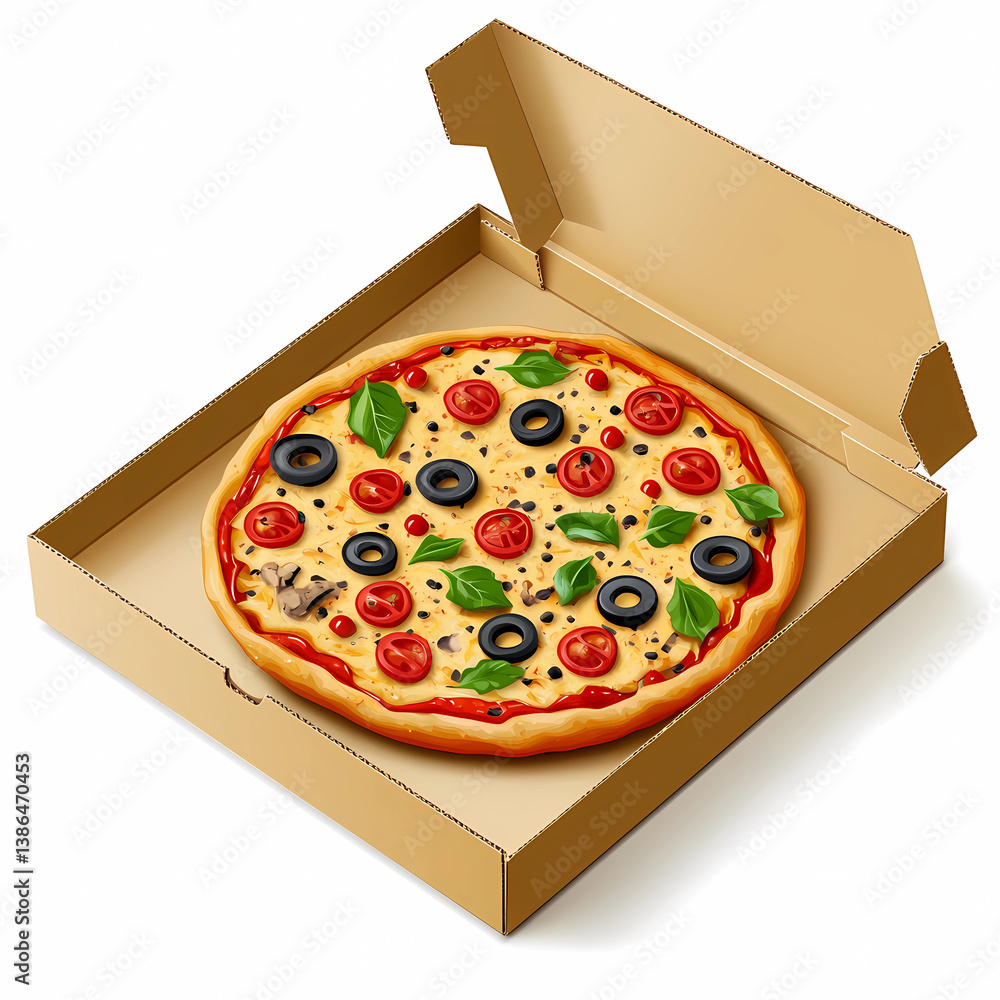 Vector pizza in a cardboard box on a white background, detailed ...