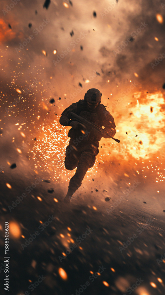 Dynamic Soldier Running Through Explosive Battlefield: Bravery and ...