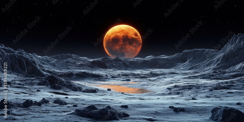 Surreal Lunar Landscape with Mars Rising Red Planet in Background 360 ...