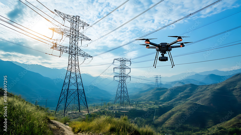 A drone inspecting power lines in a remote area, mountainous terrain ...