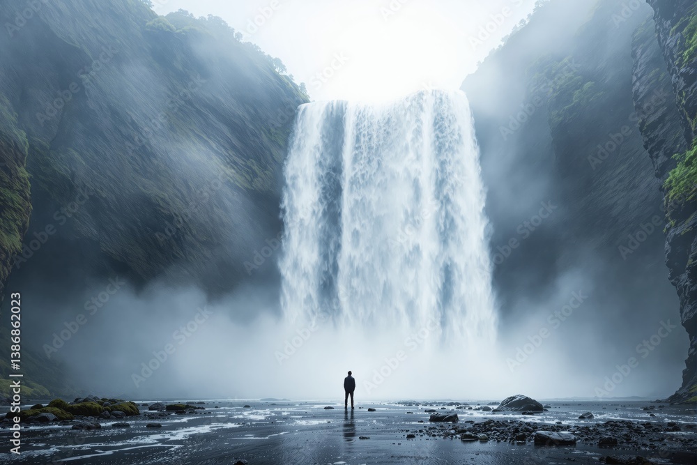 Person standing in front of massive waterfall between rocky cliffs ...