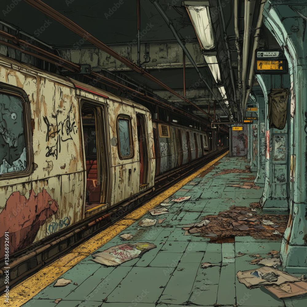 Abandoned subway station platform with broken train and equipment ...