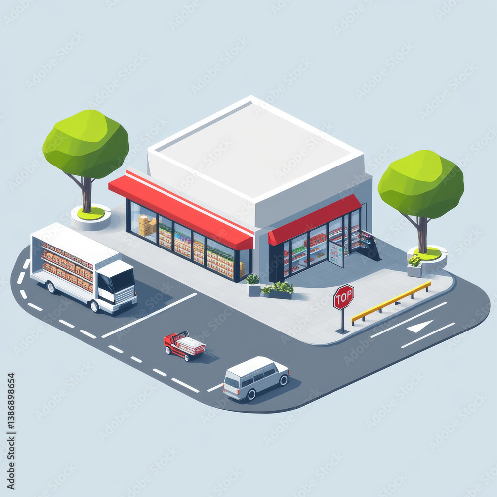 Supermarket building with car parking exterior set. Isolated outside ...