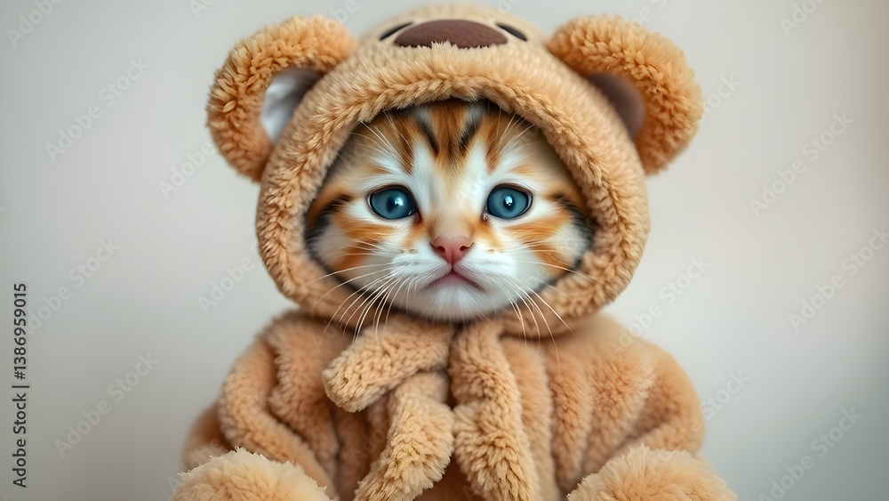 Kitten in a Teddy Bear Costume A kitten wearing an oversized teddy bear ...