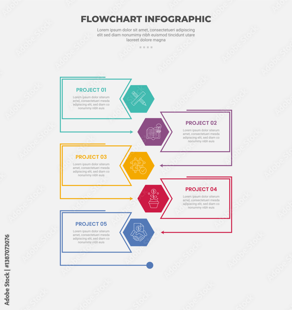 flowchart infographic outline style with 5 point template with hexagon ...
