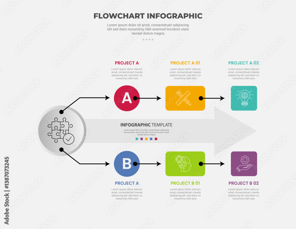 flowchart infographic outline style with 2 main point template with big ...