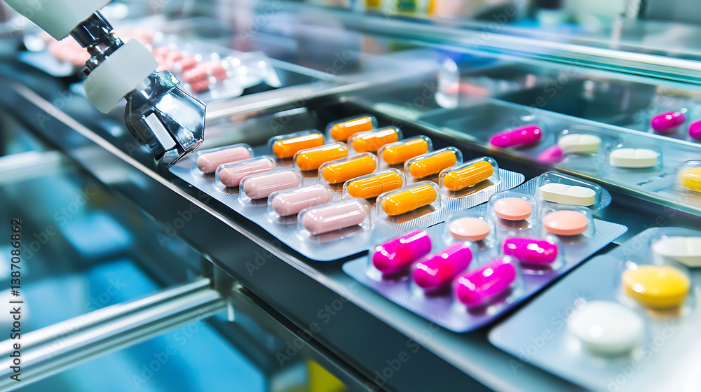 Mechanical arm packing pharmaceutical products in a sterile packaging ...