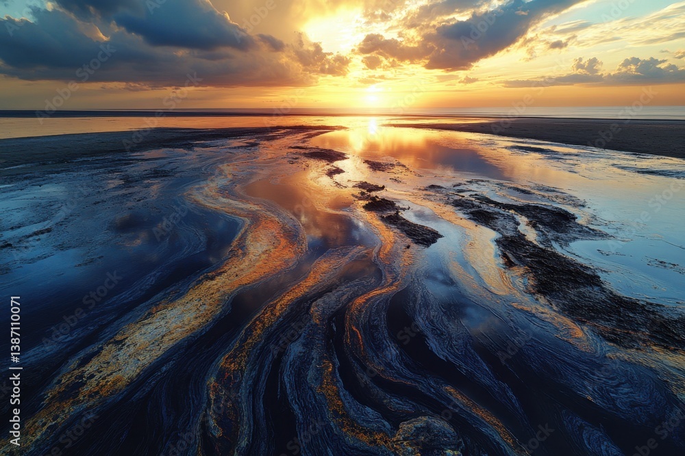 Oil sheen dances under the sunset sky over the North Sea, revealing the ...