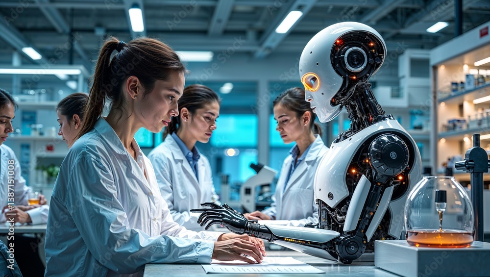 Highly detailed lab environment with researchers in lab coats ...