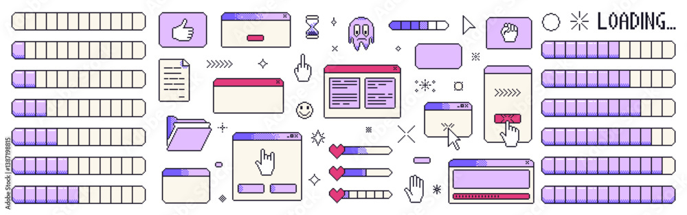 Pixel art windows interface vintage. 8 bit browser and menu elements with cursors and loading ...