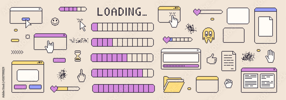 Pixel art loading bar. Windows interface vintage. 8 bit browser and ...