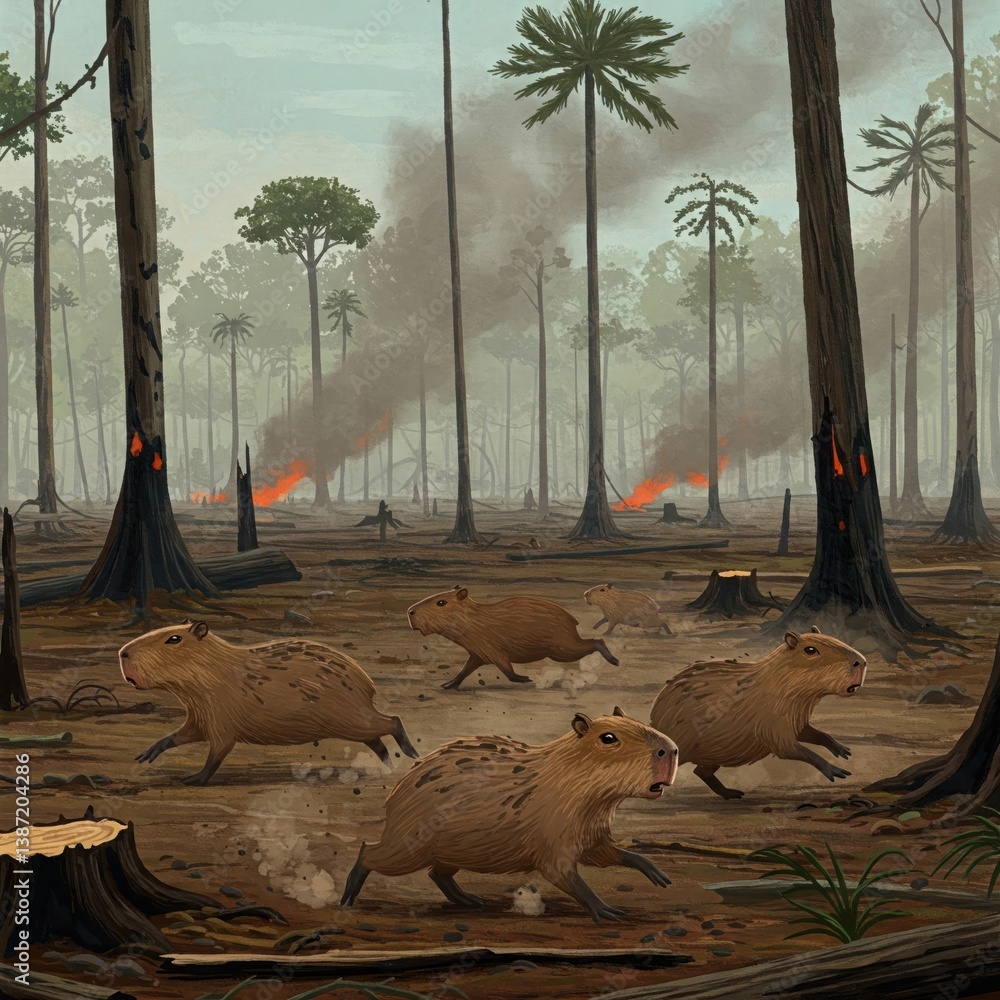 Capybaras fleeing forest fire, destruction of wildlife. Stock ...