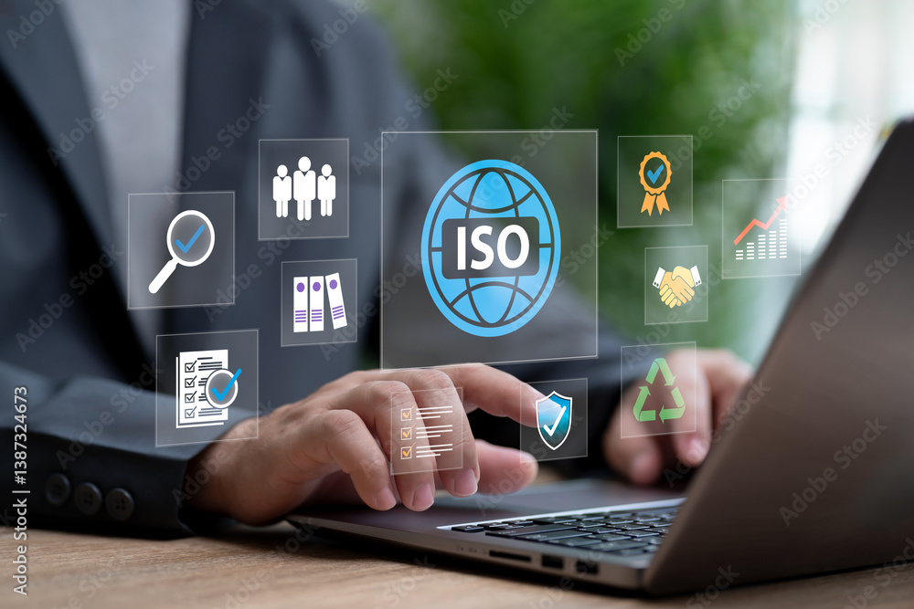 ISO certification process and quality management concept, Businessman ...
