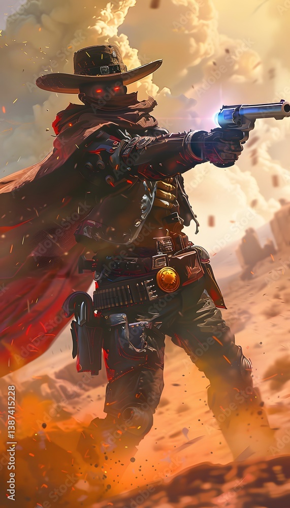 A robotic gunslinger flipping a plasma-coated revolver, dust swirling ...