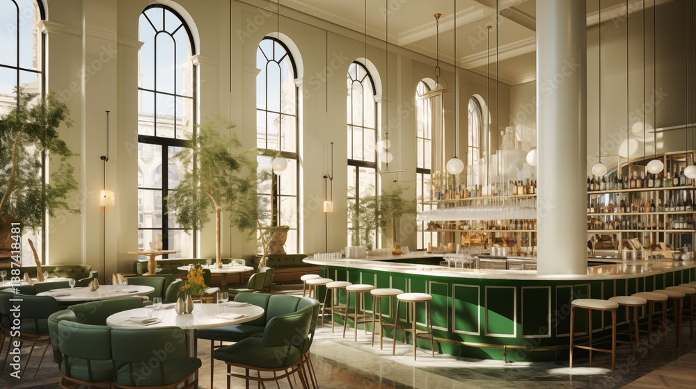 Restaurant d'architecture moderne, bâtiment de luxe avec tables et bar ...