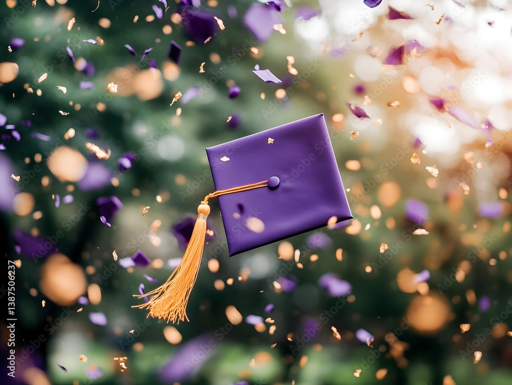 A purple graduation cap with gold tassel joyfully ascends amidst a ...