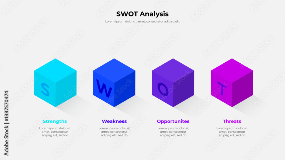 Colorful cubes representing a SWOT analysis, depicting strengths ...