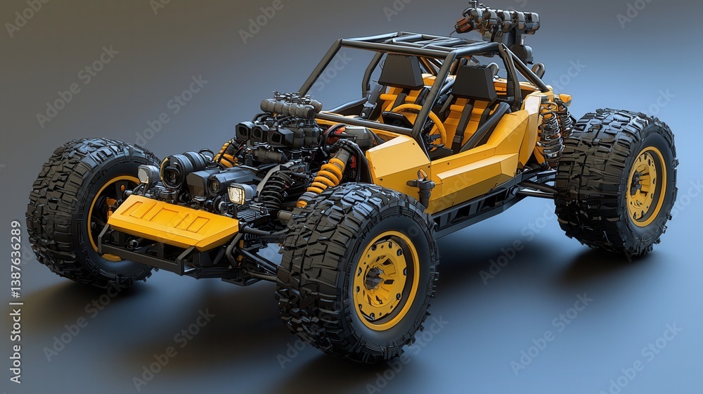 A striking low-poly dune buggy, meticulously rendered in yellow and ...