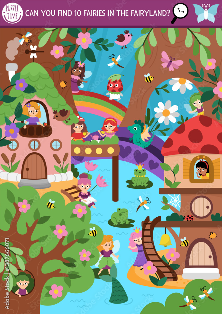 Vector fairyland searching game with enchanted forest landscape, tree ...