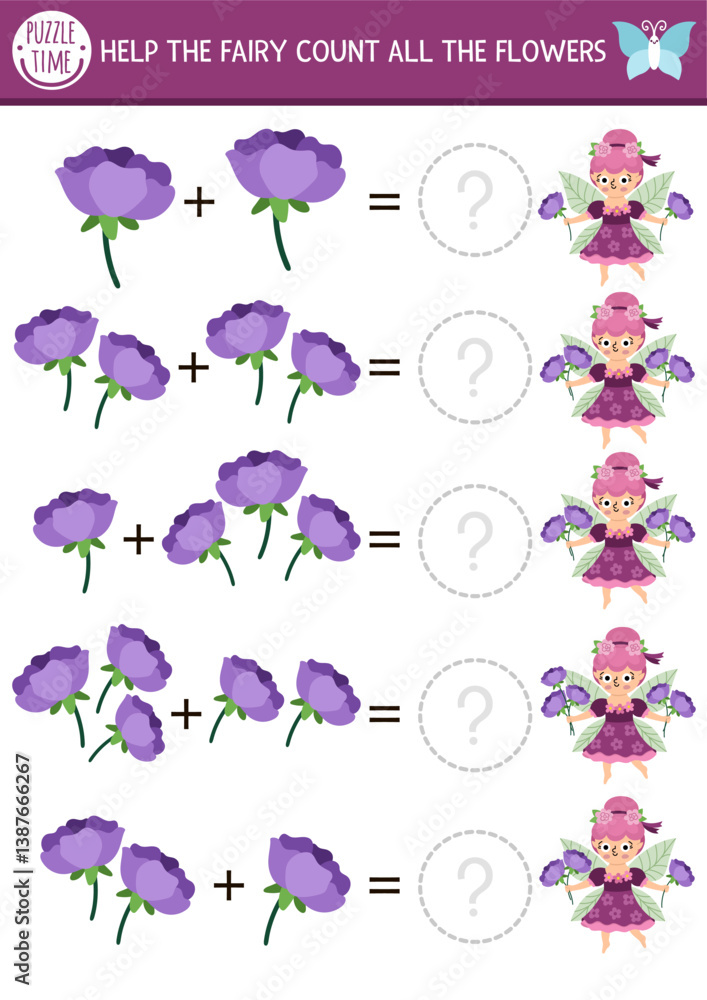Stock-Vektorgrafik „How many flowers game with cute fairy. Fairyland ...