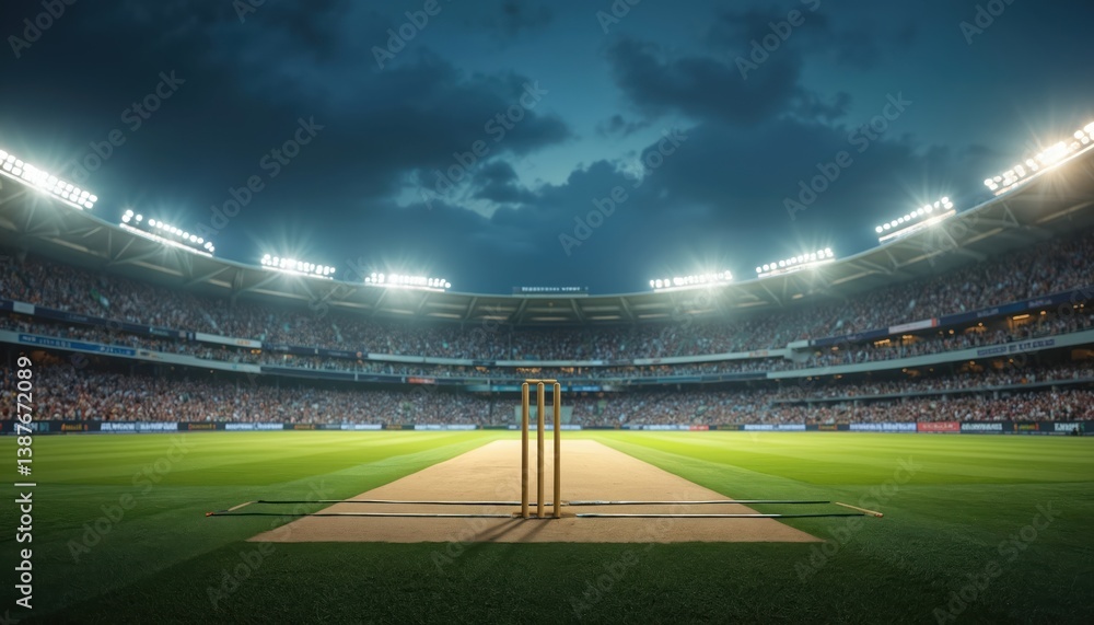 Cricket stadium with wicket and green field. Professional sport arena ...