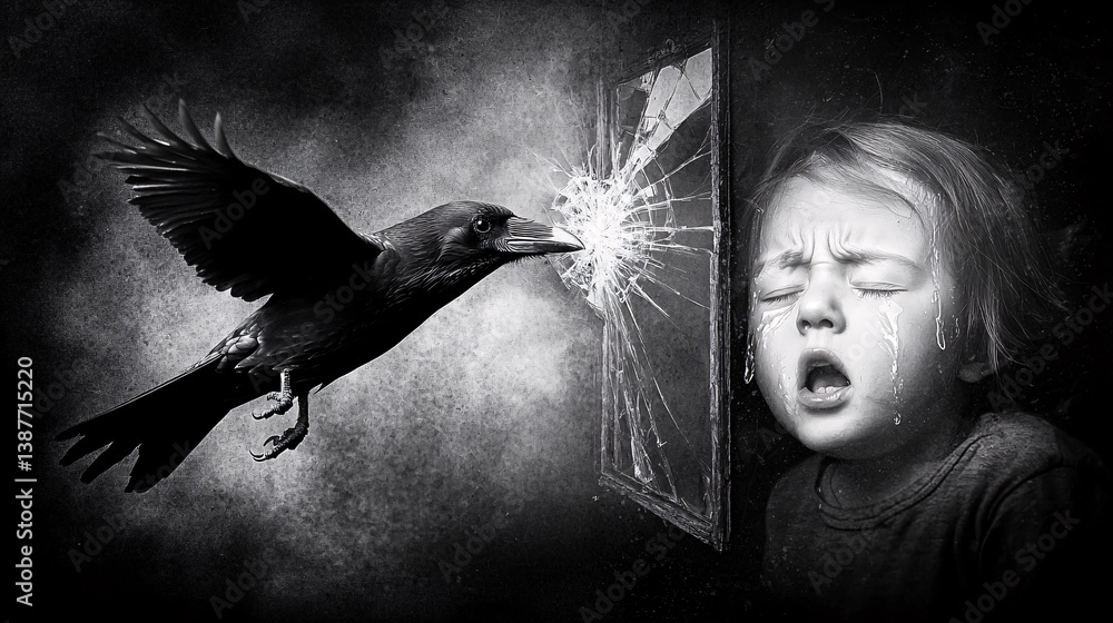 crow flying through a shattered window, double exposed with a crying ...