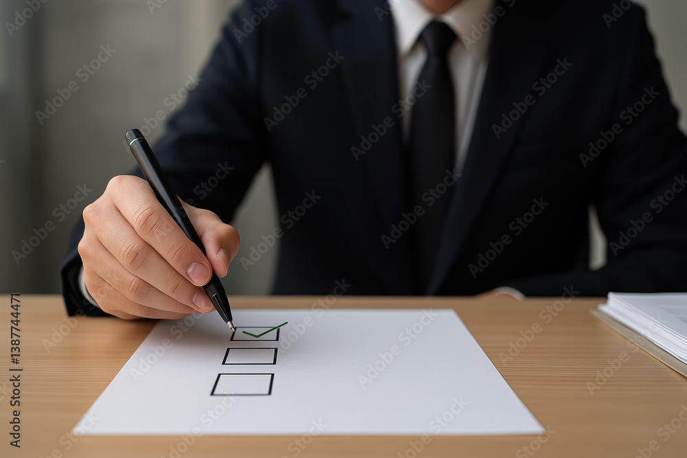 Document approval process checklist with a professional man marking a ...