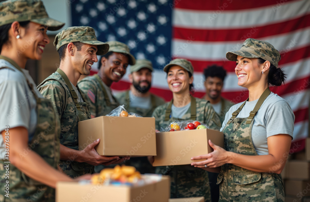 Volunteers provide food essentials to veterans. Patriotic setting with ...